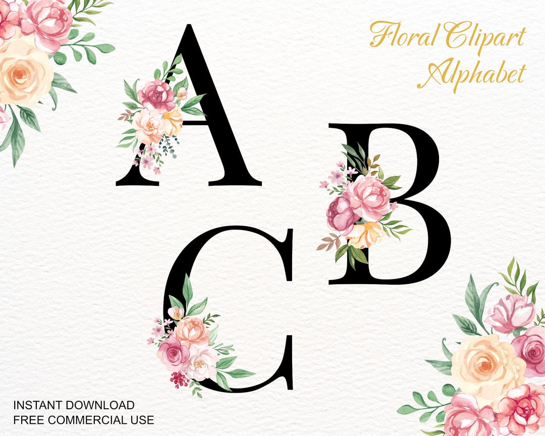 Watercolor Floral Alphabet Clipart, Monogram Initials PNG, Boho Letters ...