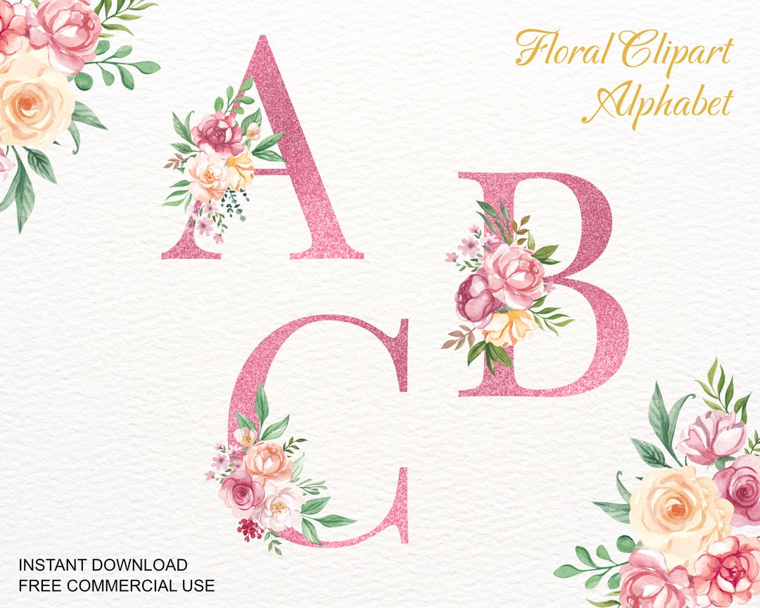 Watercolor Floral Alphabet Clipart, Pink Glitter, Monogram Initials PNG ...