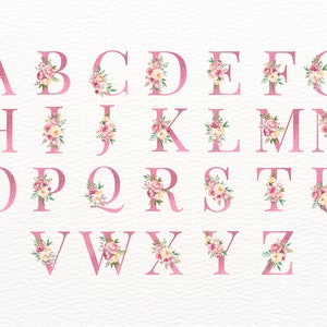 Watercolor Floral Alphabet Clipart, Pink Glitter, Monogram Initials PNG ...