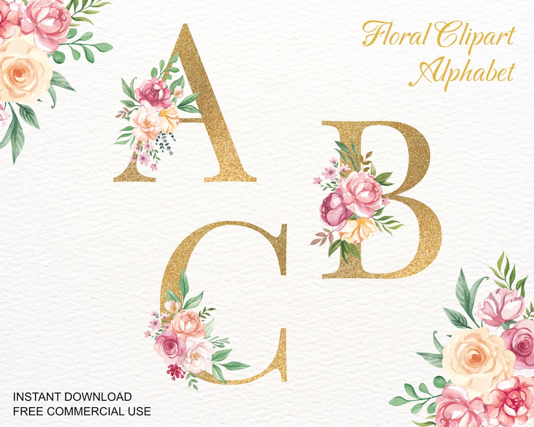 Watercolor Floral Alphabet Clipart, Gold Glitter, Monogram Initials PNG ...