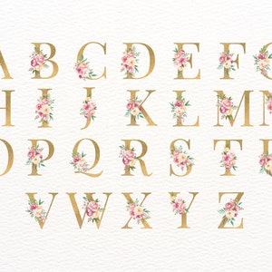 Watercolor Floral Alphabet Clipart, Gold Glitter, Monogram Initials PNG ...