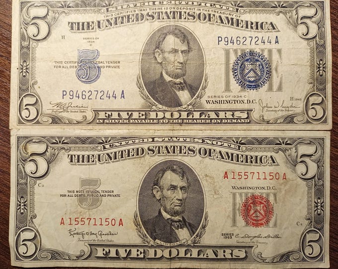 1934 & 1963 US 5 Dollar Bills Red Seal Blue Seal Currency! - Etsy