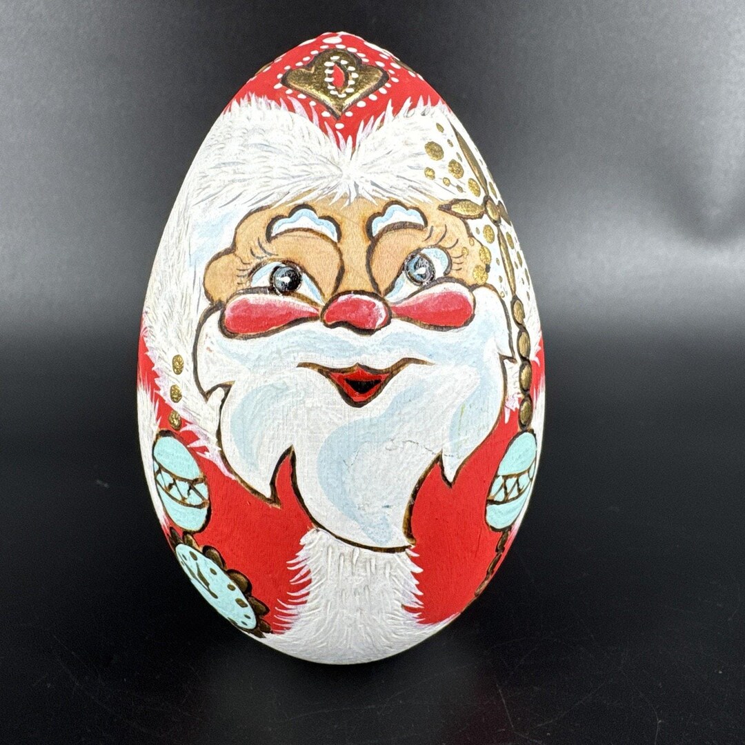 Vintage Hand Painted Wooden Santa Claus Egg Shaped Figure Artist Signed ...