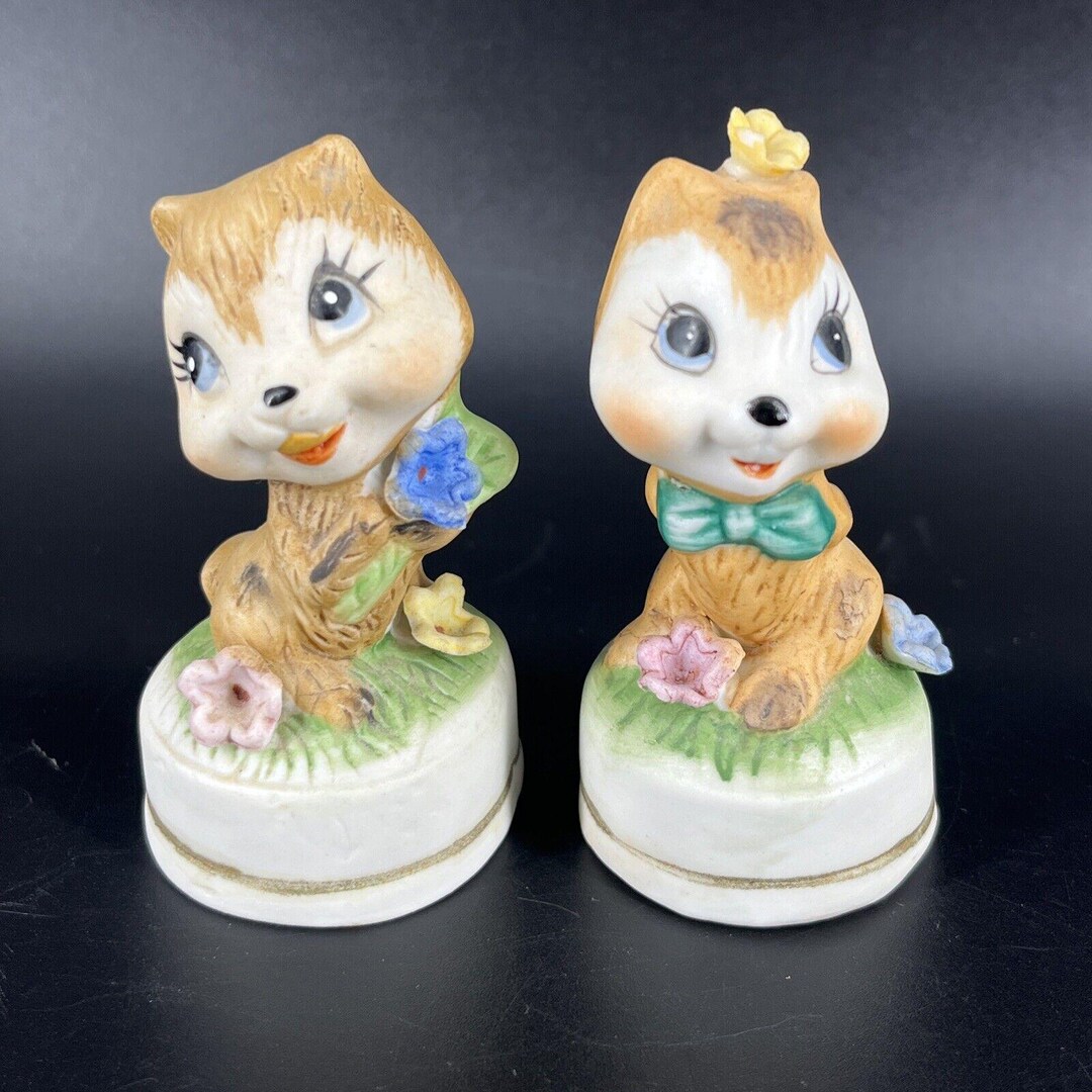 Vintage Chipmunk Squirrel Girl and Boy Bisque Ceramic Figurines Flowers ...