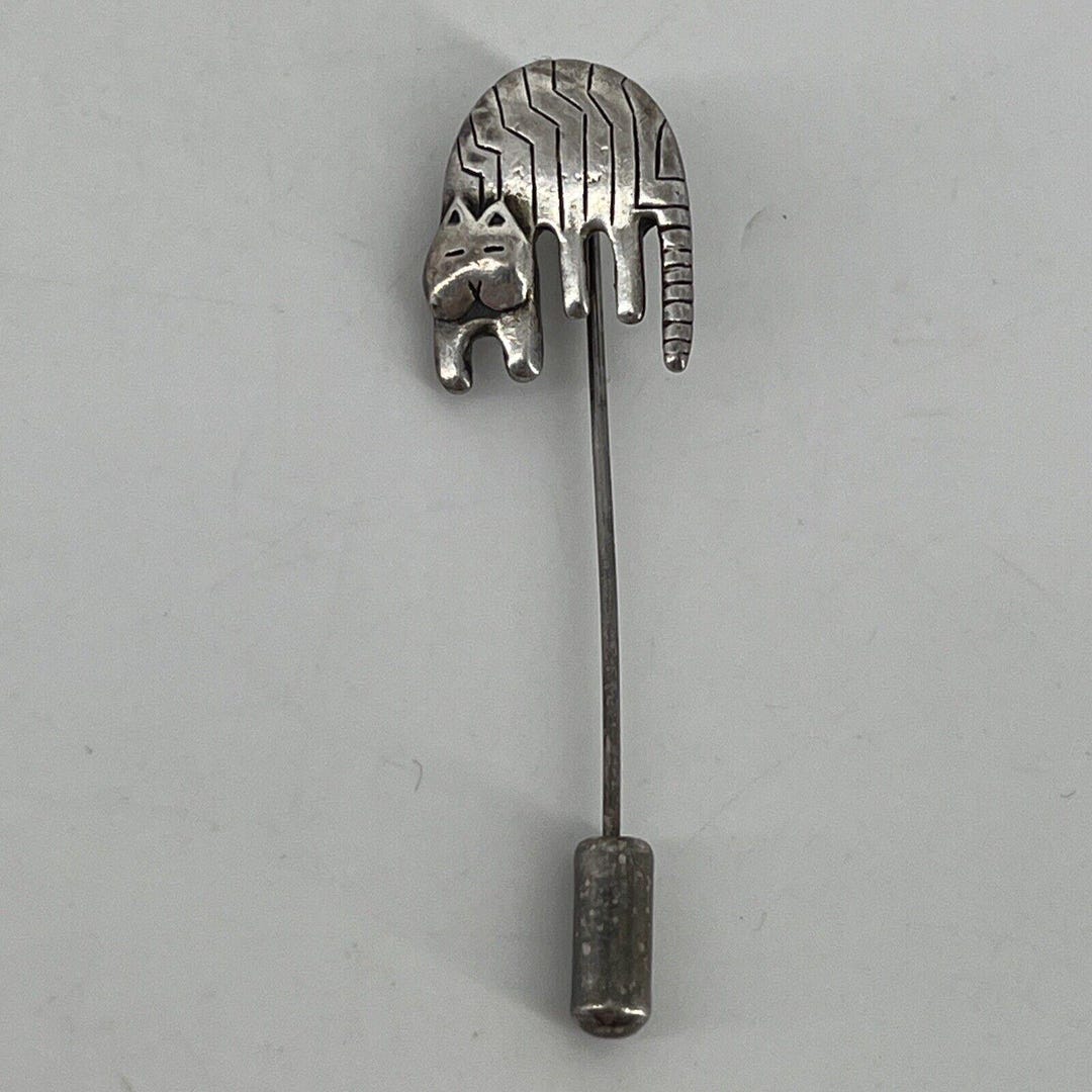Vintage MCM Fun Striped Kitty Cat Kitten Silver Colored Stick Tie Lapel ...