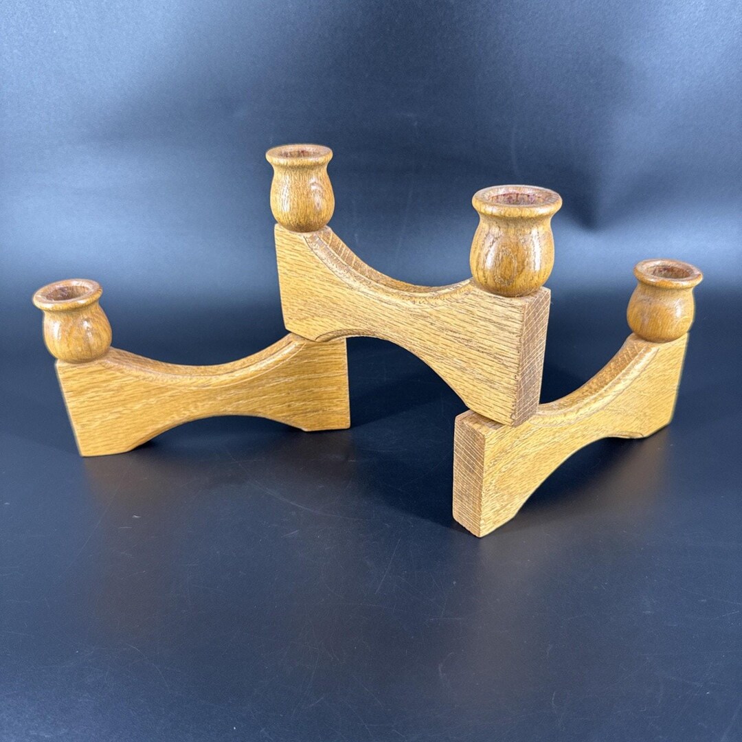 Vtg Solid Oak Wood Articulating Folding 4 Taper Candle Holder W/ Brass ...