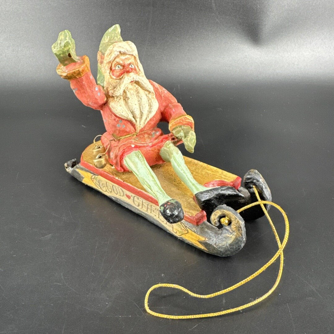 Vintage House of Hatten Christmas Ornament Good Cheer Santa Elf Sled ...