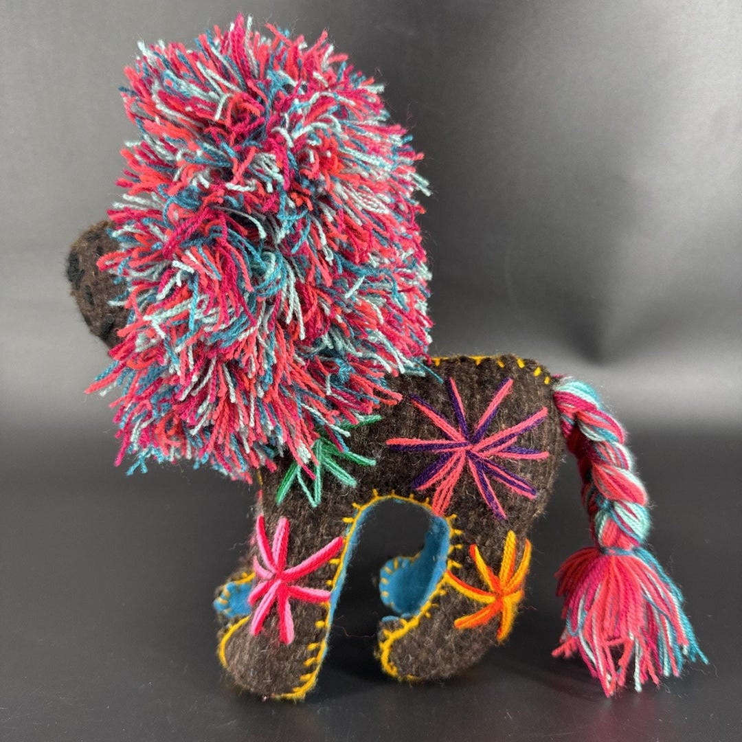 Mexican Folk Art LION Handsewn Wool Colorful Amalito Embroidered Yarn ...