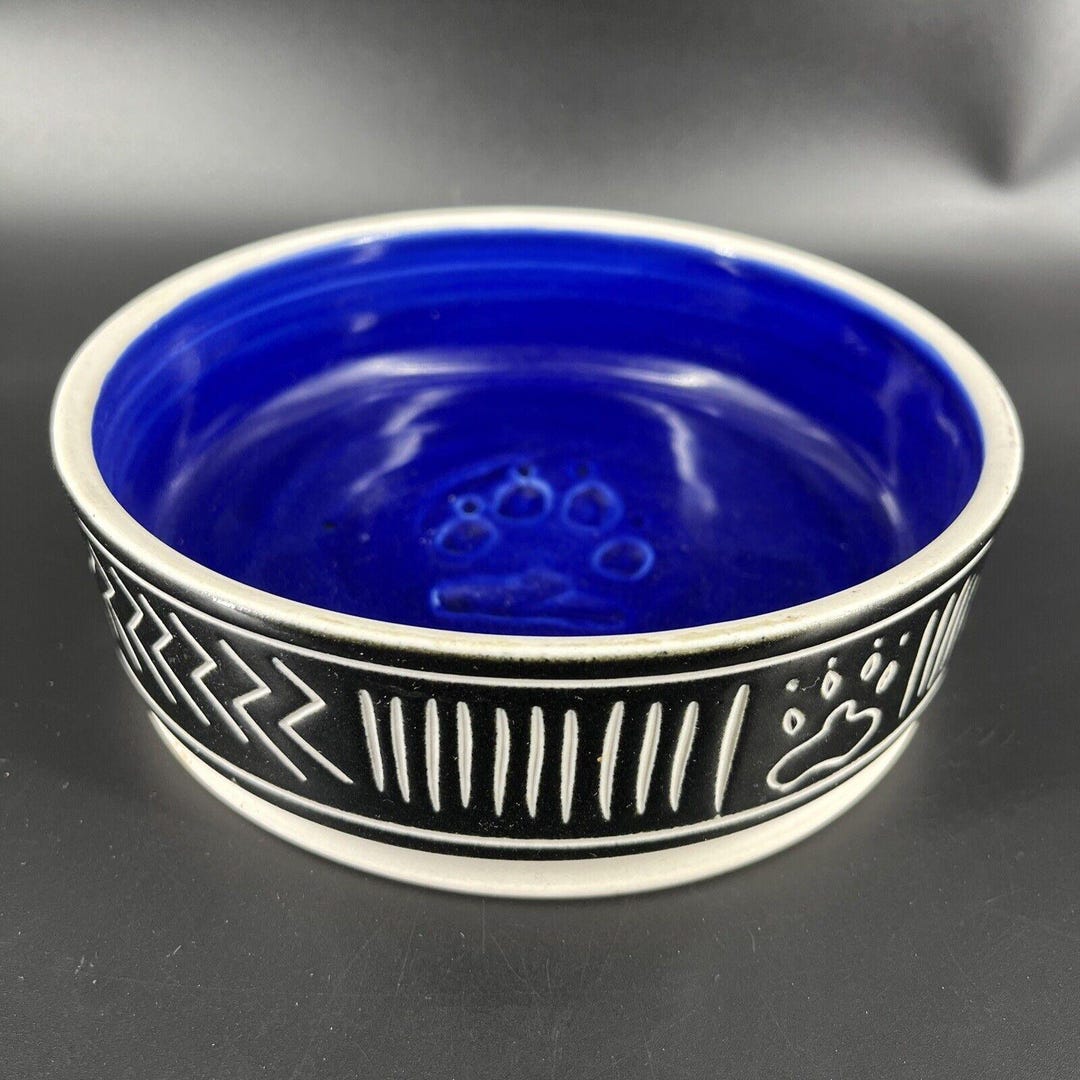 Eileen Goldenberg Pottery Dog Pet Bowl Dish Cobalt Blue Inside Black ...