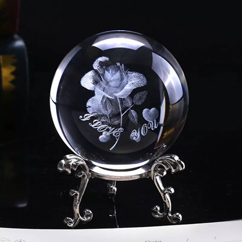 3D Rose Crystal Ball Miniature Flower 60mm Globe Laser Engrave Quartz ...