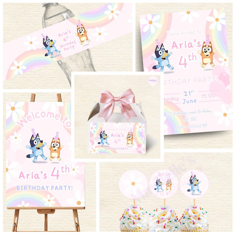 Bluey Birthday Complete Party 5 Piece Bundle - Pink, Rainbow and Daisy ...