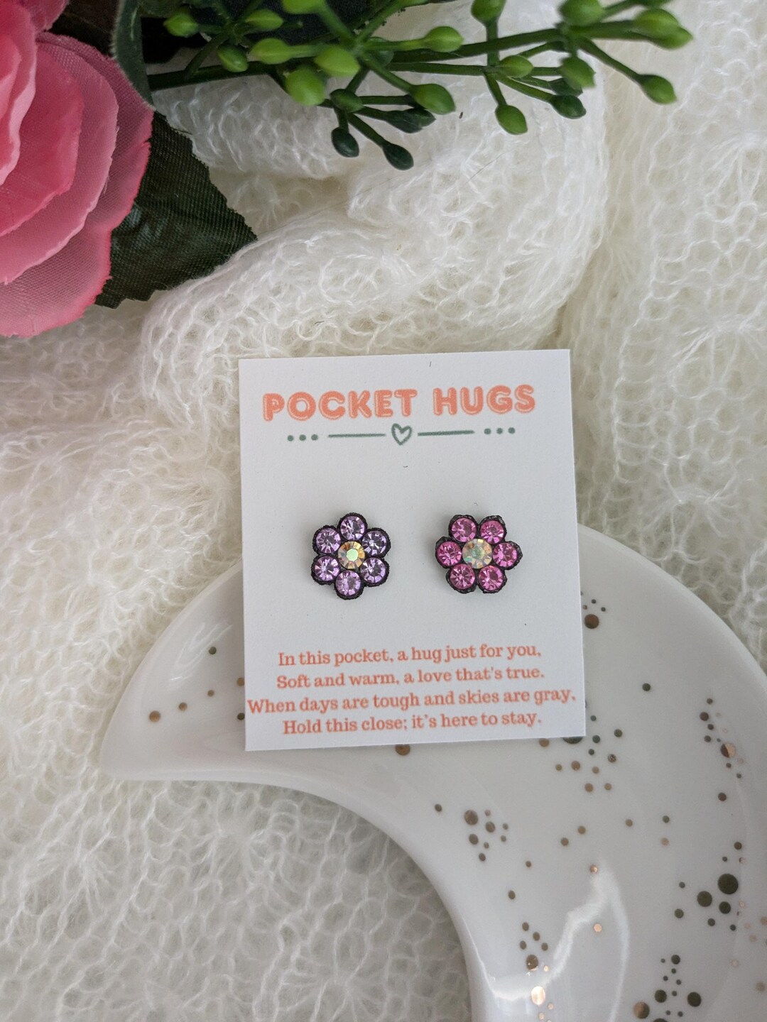 Pocket Hugs Mini Flower Set of 2, Pink and Purple Rhinestone Flowers ...