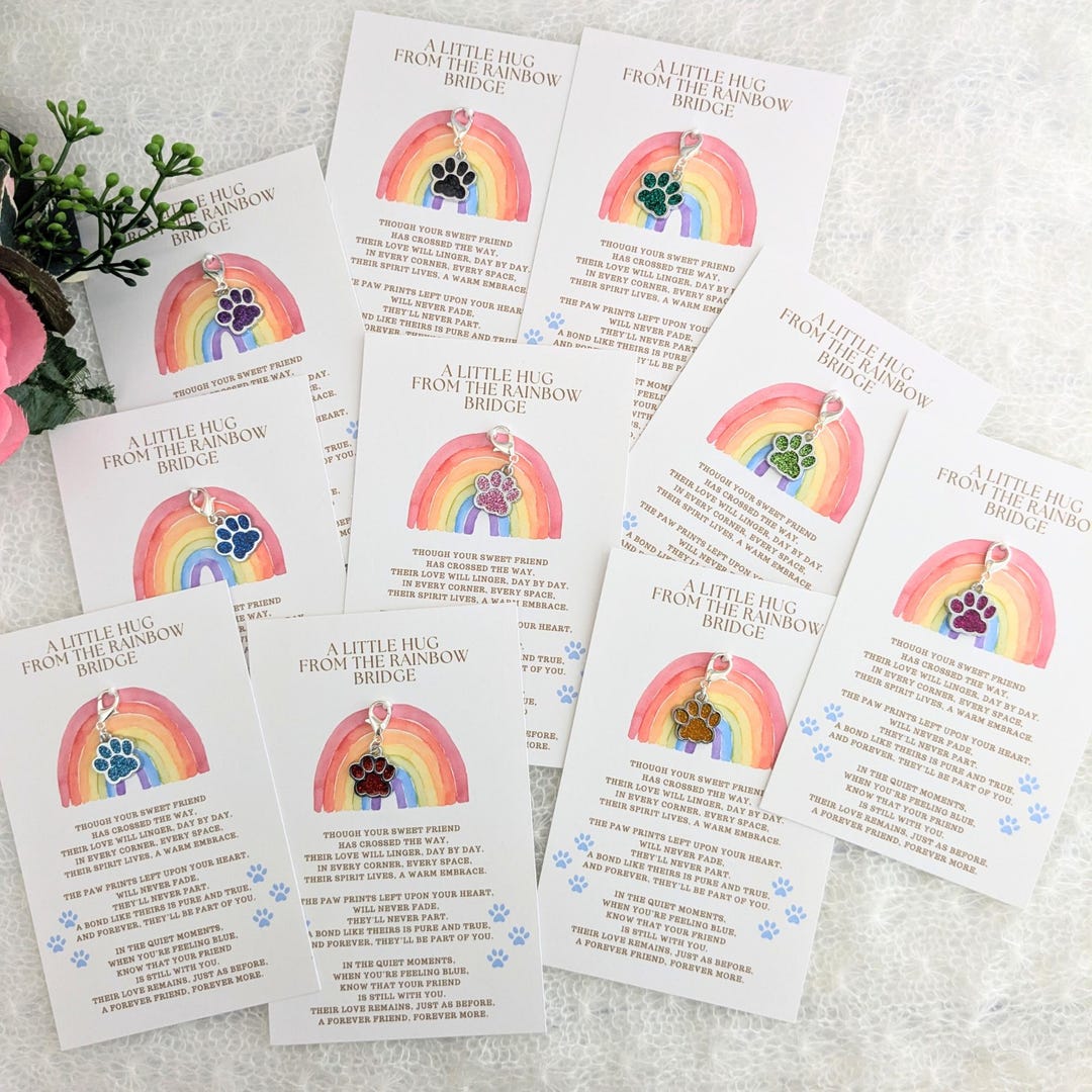 Rainbow Bridge Grieving Card, Pet Loss Memorial Gift, Dog Paw Charm ...