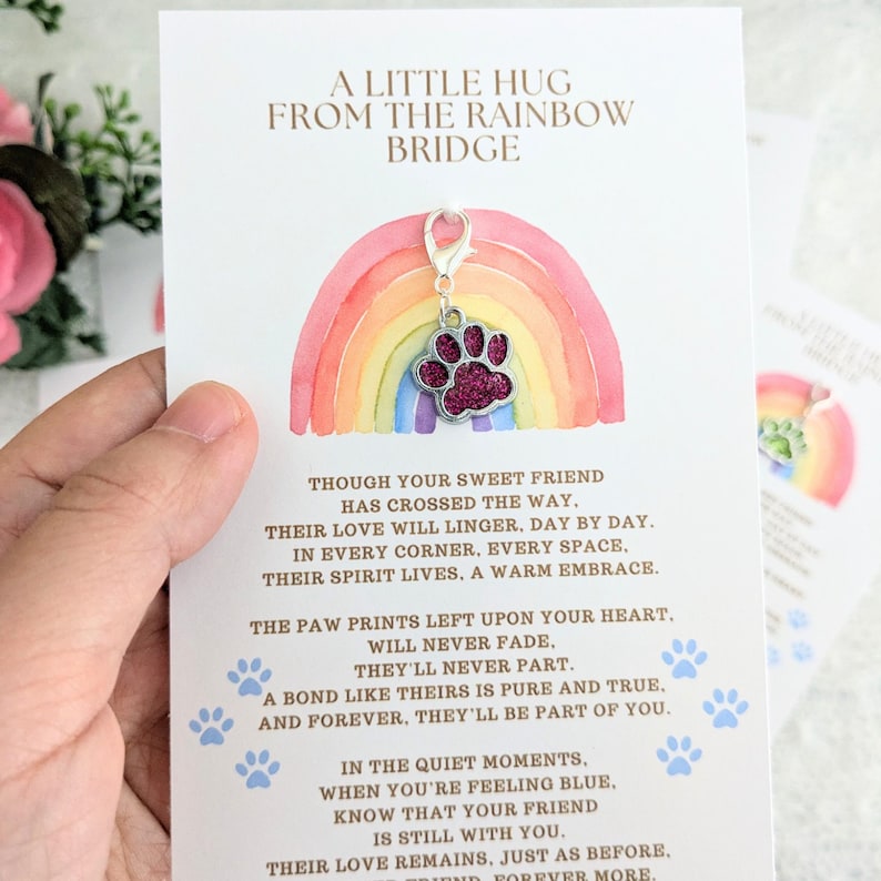 Rainbow Bridge Grieving Card, Pet Loss Memorial Gift, Dog Paw Charm ...