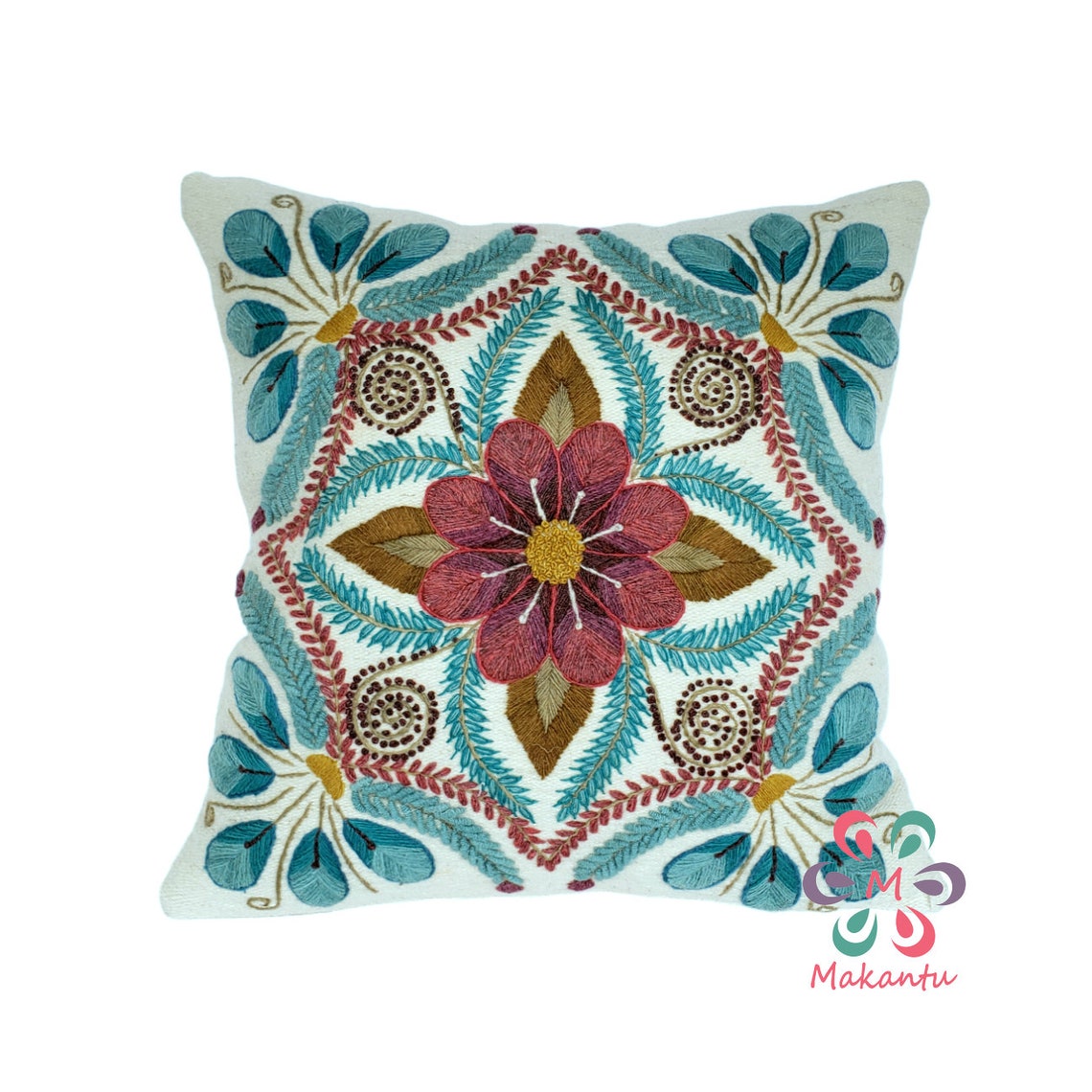 Natural Ivory With Blue and Grape Flowers Pillow Case, Embroidered ...
