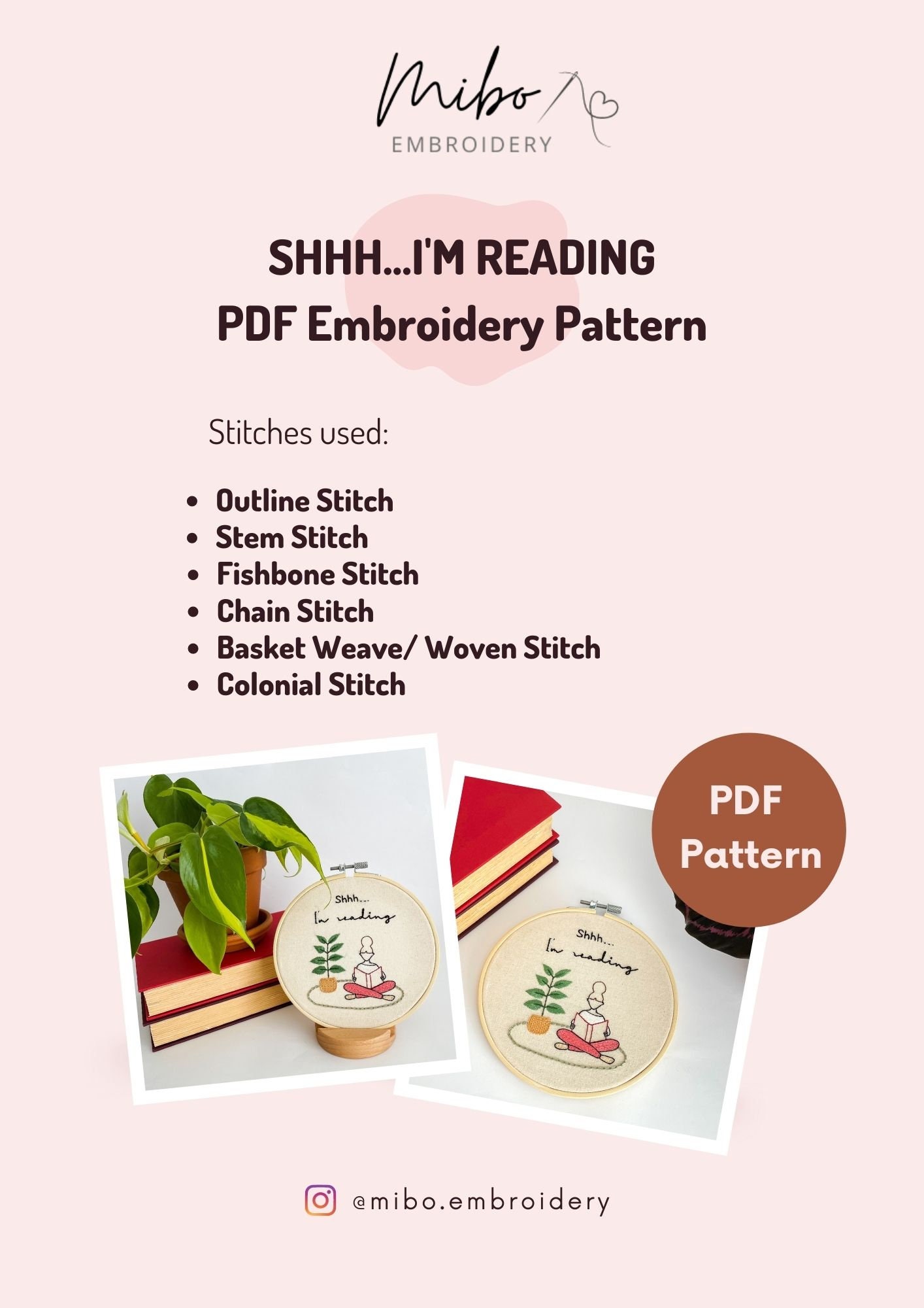Hand Embroidery Pattern PDF - Shhh...i'm Reading | Beginner Level Hand ...