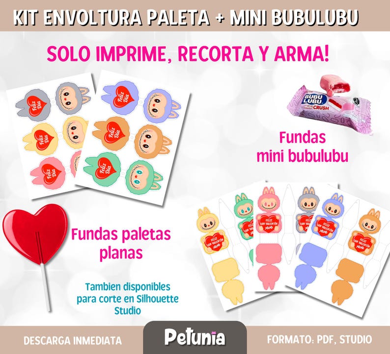 Kit imprimible recortable Labubu San Valentín envoltura para paletas y ...