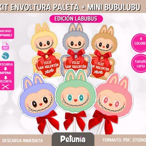 Kit imprimible recortable Labubu San Valentín envoltura para paletas y ...