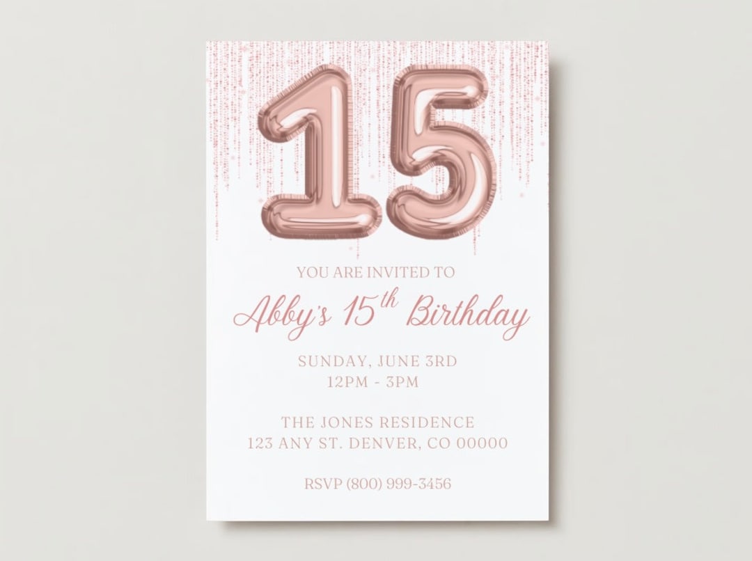 Editable 15th Birthday Invitation Template Rose Gold Glitter - Etsy ...