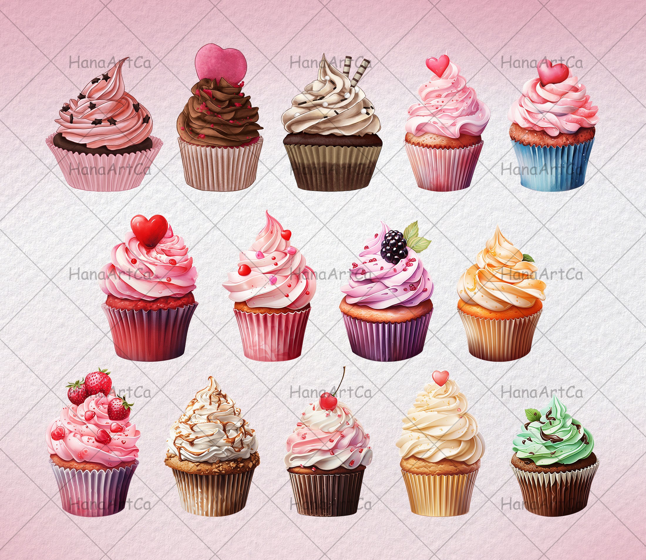 Cupcake Clipart, Set of 14 Png, Watercolor Sweet Clipart, Hand Painted ...