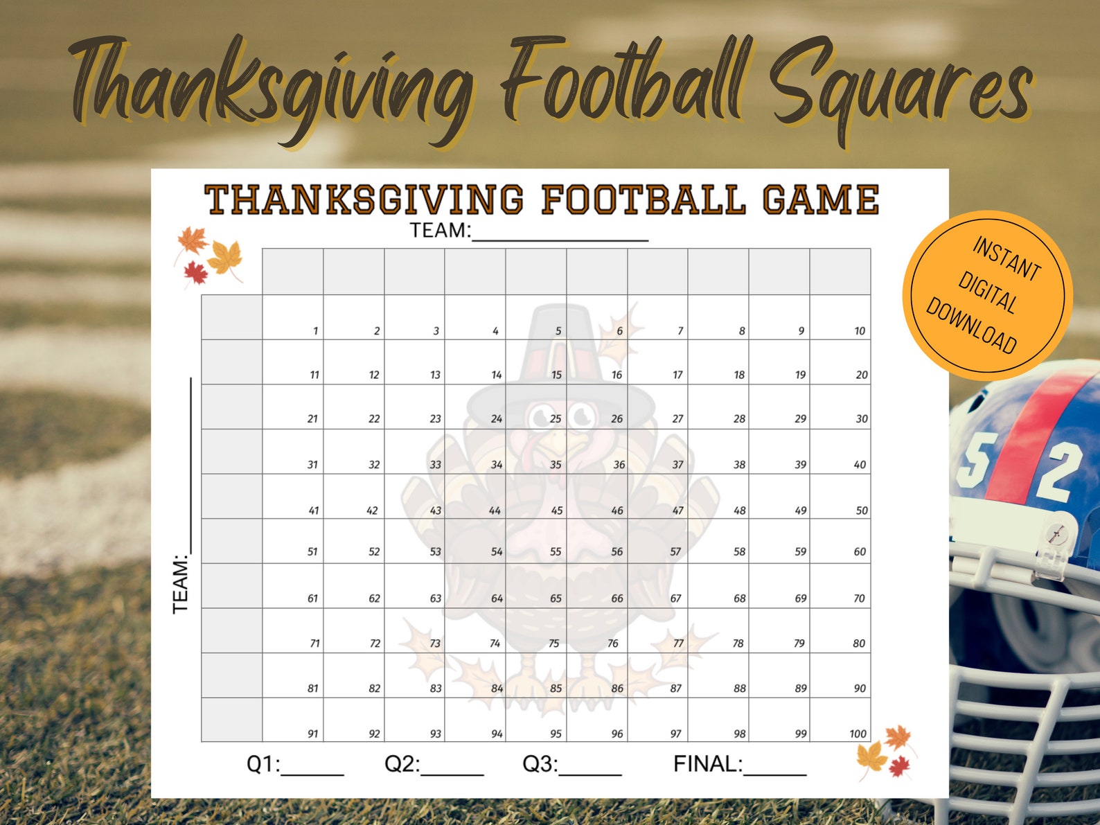 Thanksgiving Football Squares Game, Printable Football Squares ...