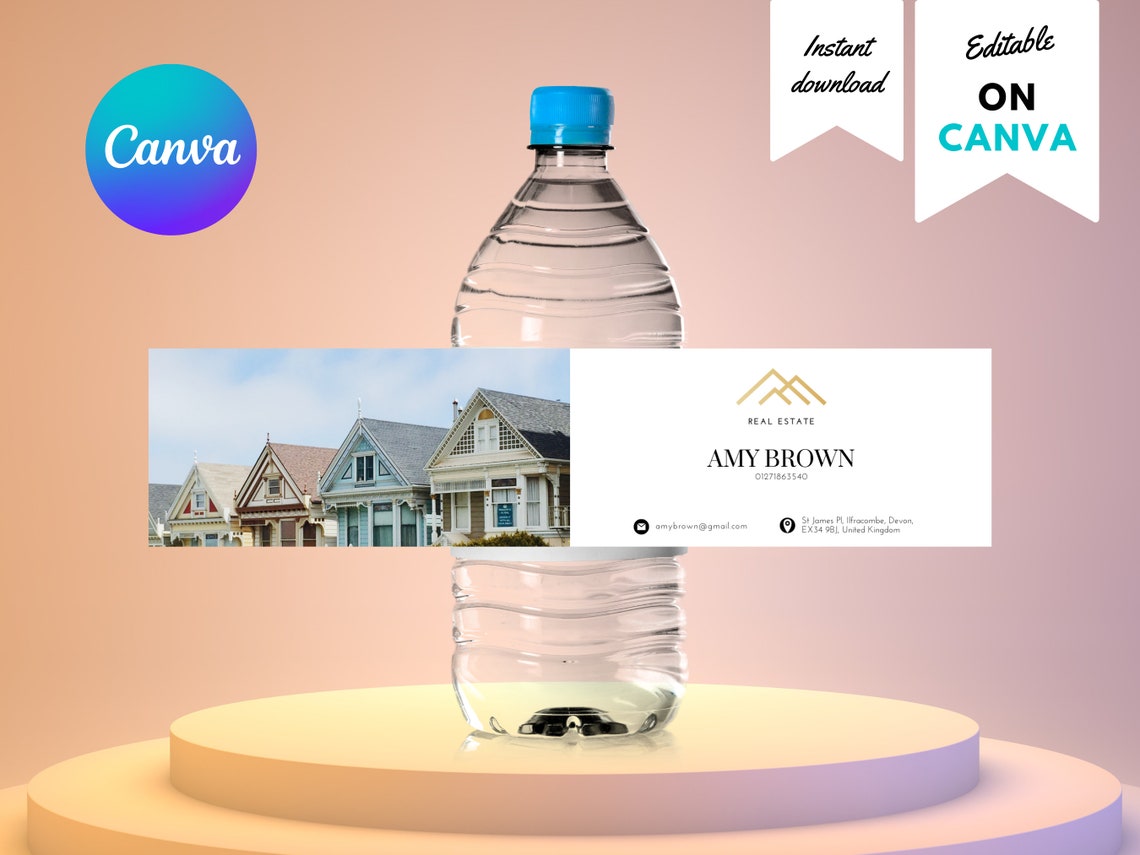 Real Estate Water Bottle Label, Bottle Label Template, Editable Bottle ...