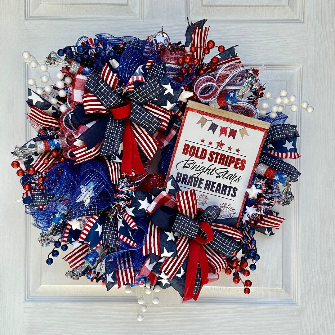 Patriotic Deco Mesh Wreath With Bows and 'bold Stripes Bright Stars ...