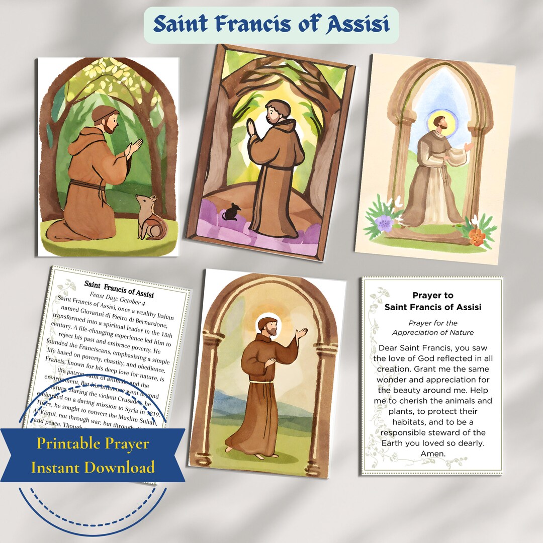 St. Francis of Assisi Printable Prayer Cards for Kids Traditional Catholic Gift Set for Children ...