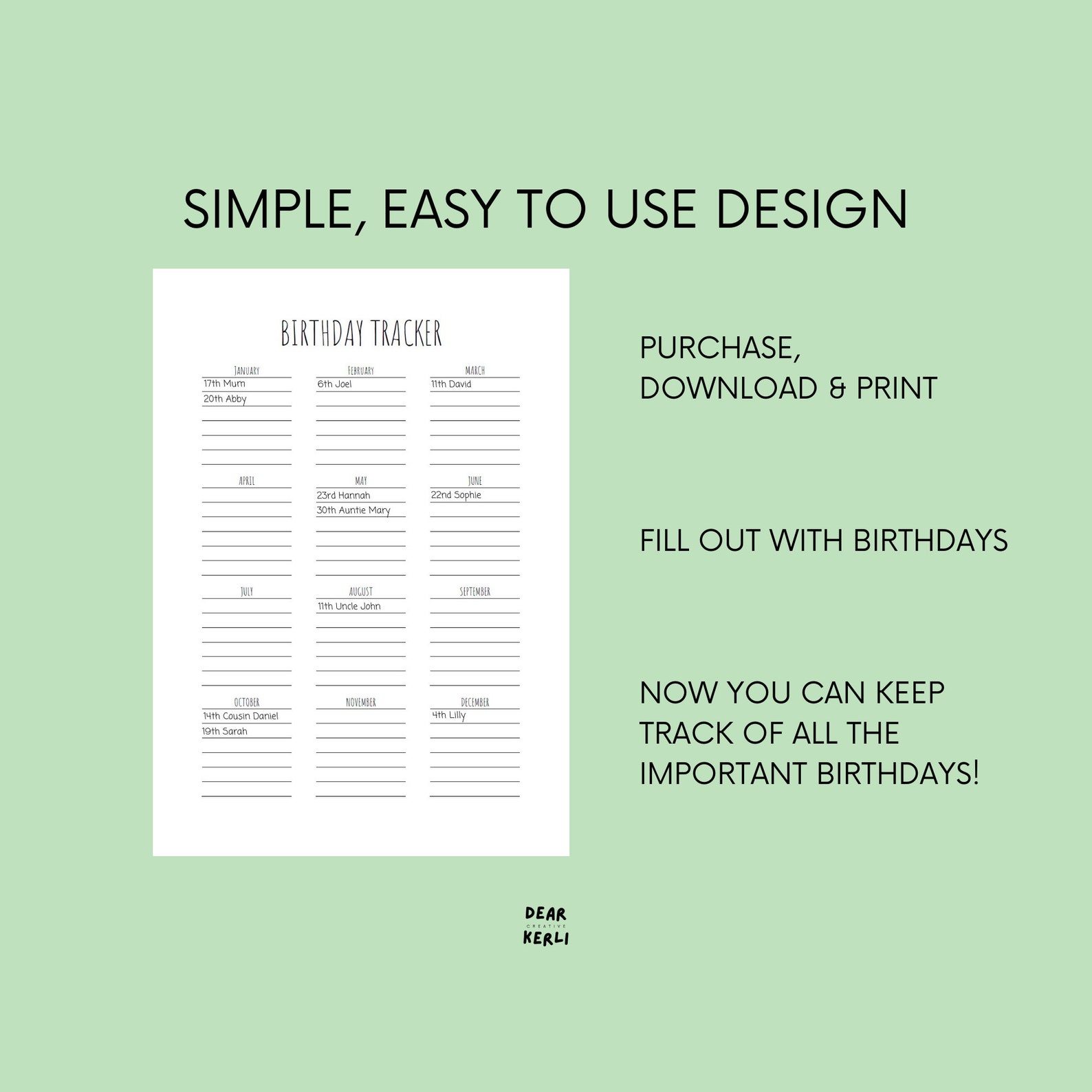 Birthday Tracker Simple Birthday List for Family Birthday Calendar ...