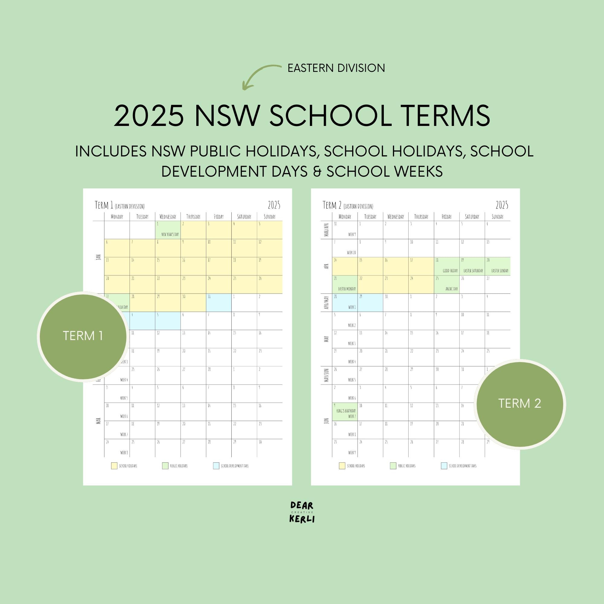 2025 NSW *eastern Division* School Calendar Term by Term Calendar ...