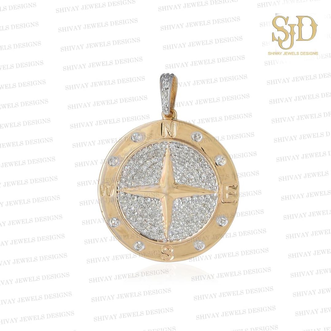 14K Yellow Gold Diamond Compass Pendant, Pave Diamond Compass Pendant ...