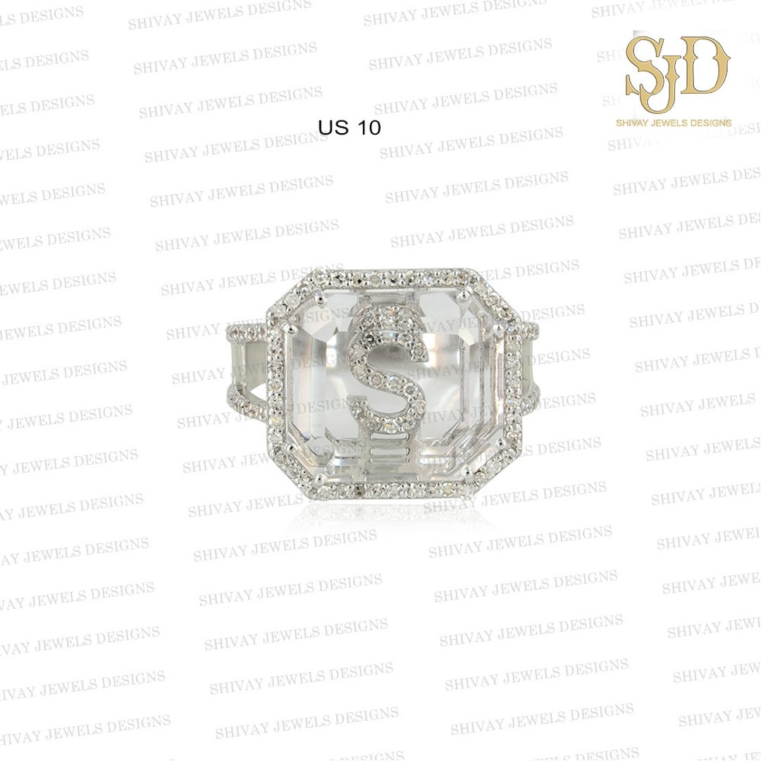 Natural Pave Diamond S Letter Ring, 14K White Gold S Initial Ring, H/si ...