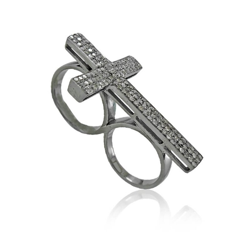 925 Sterling Silver Cross Ring, Natural Pave Diamond Double Finger Ring ...