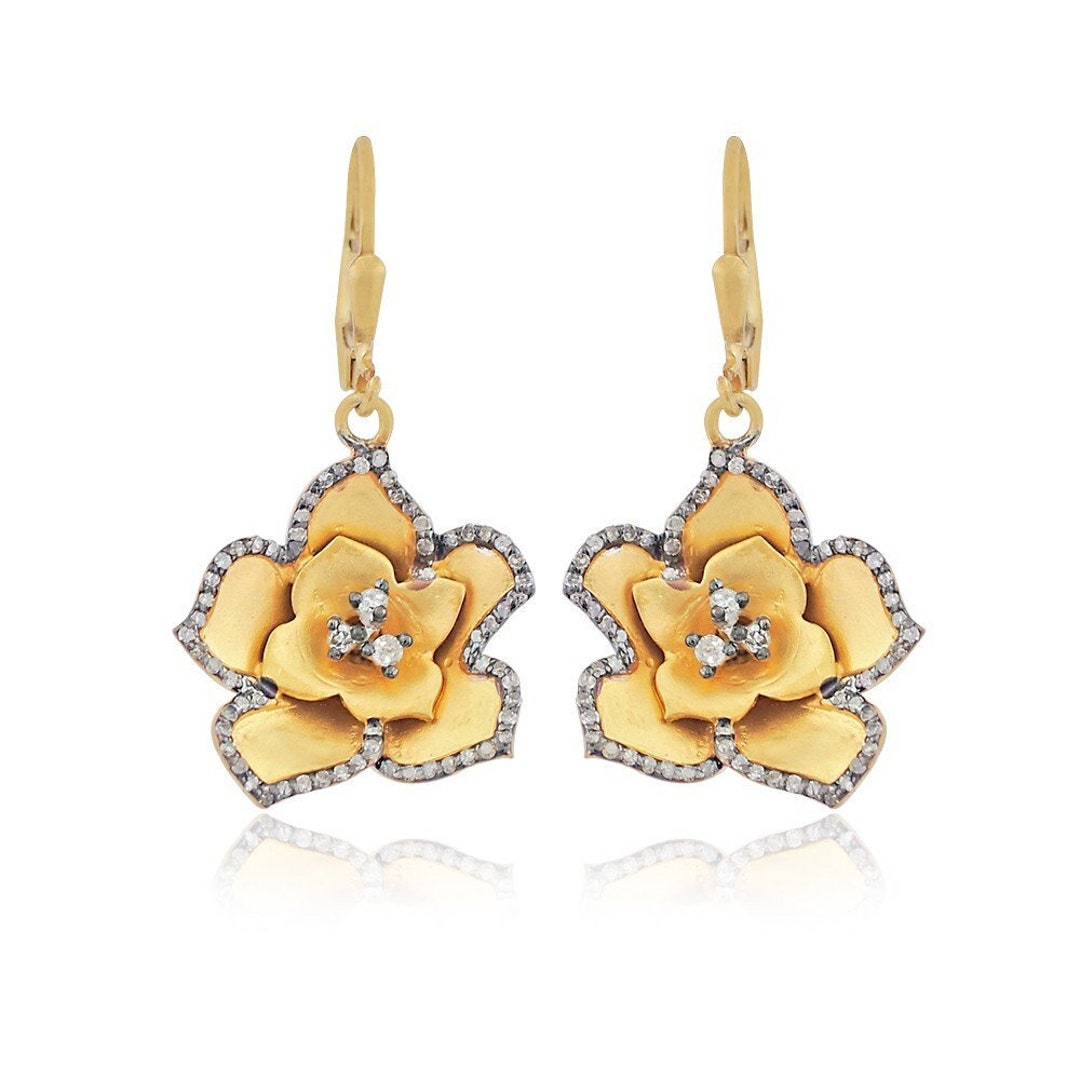 925 Sterling Silver Flower Shape Earrings, Pave Diamond Flower Earrings ...
