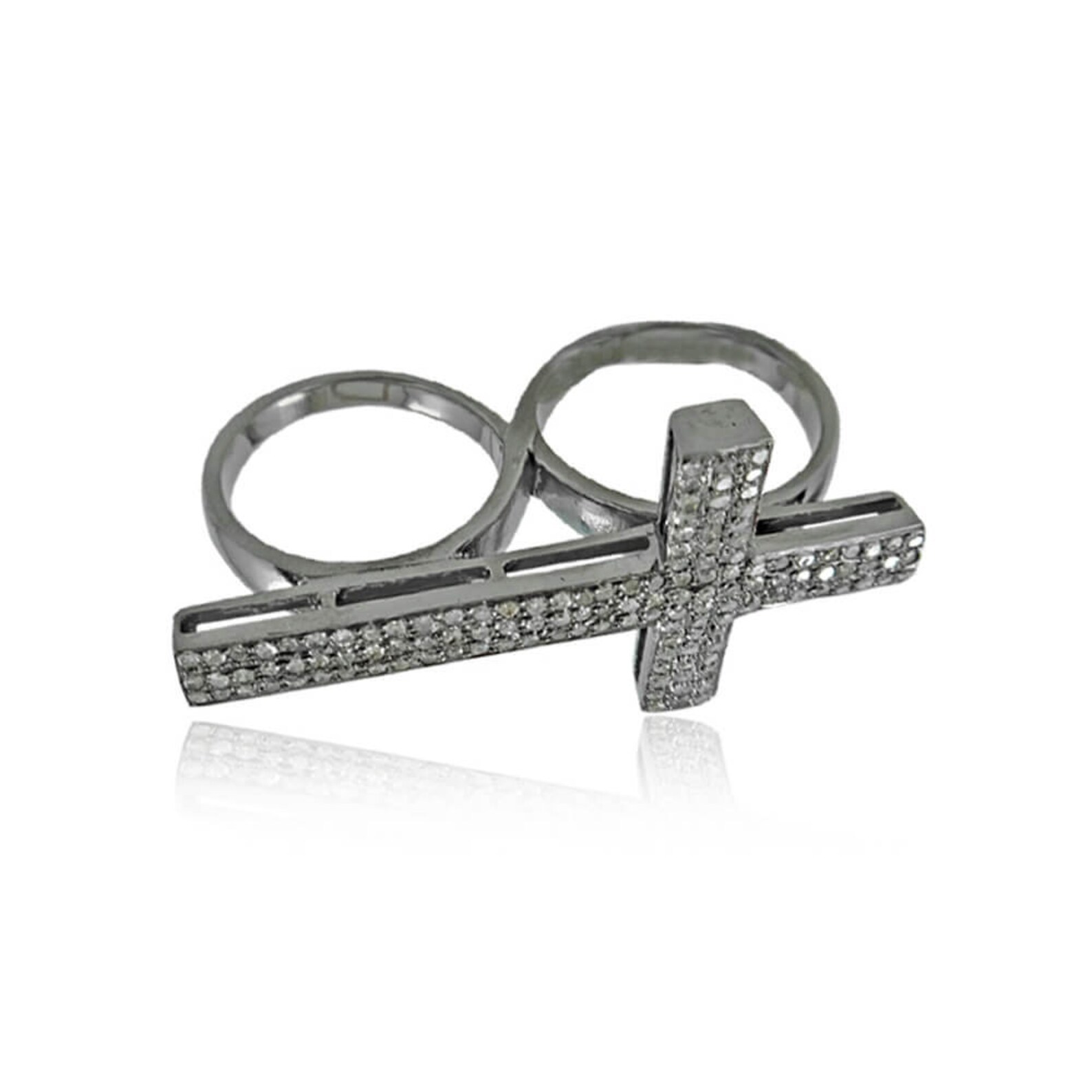 925 Sterling Silver Cross Ring, Natural Pave Diamond Double Finger Ring ...