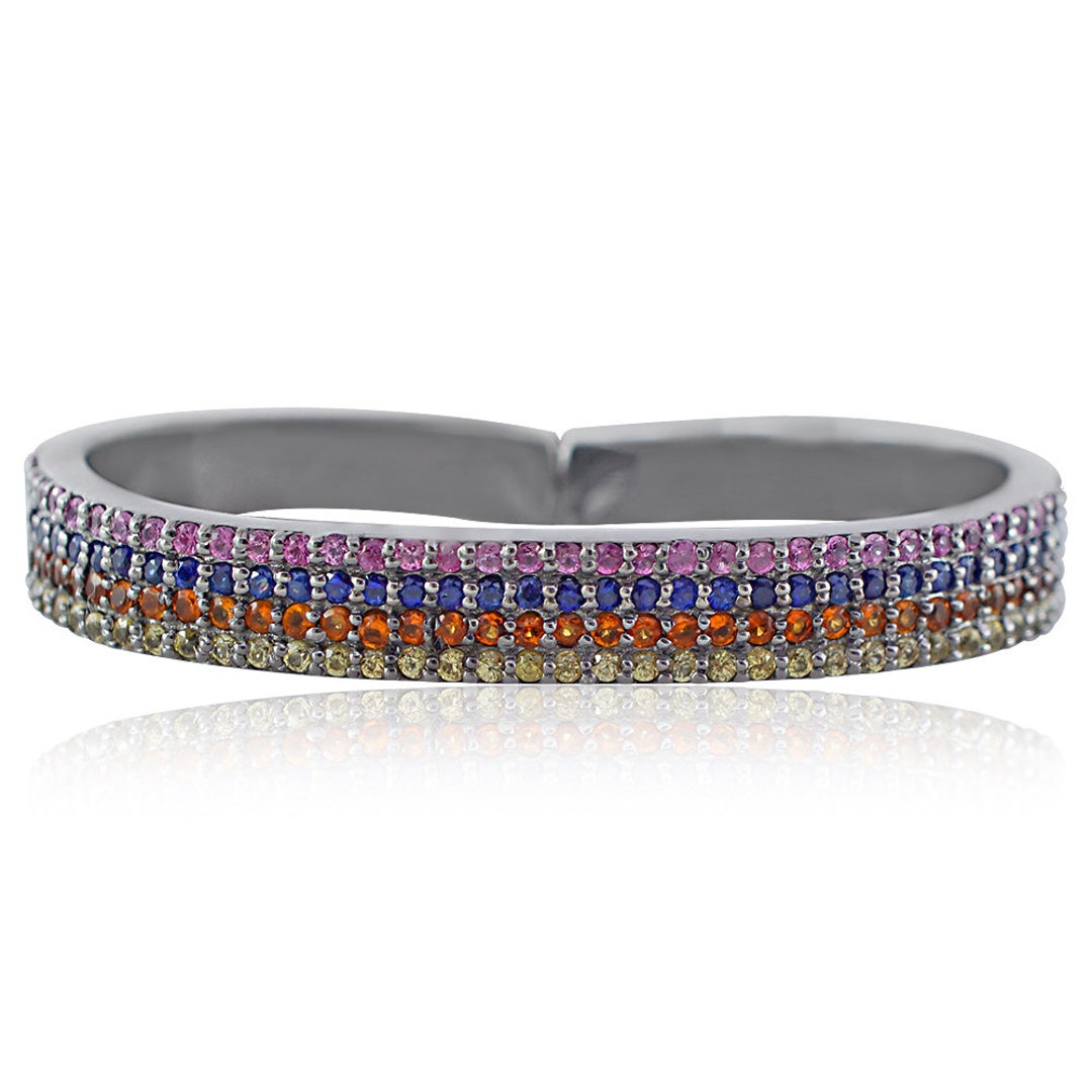 Multi Sapphire Two Finger Ring for Women, 925 Sterling Silver Double ...