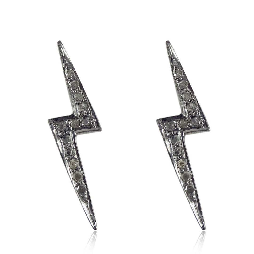 925 Sterling Silver Lightning Bolt Stud Earrings, Natural Pave Diamond Lightning Bolt Earring ...