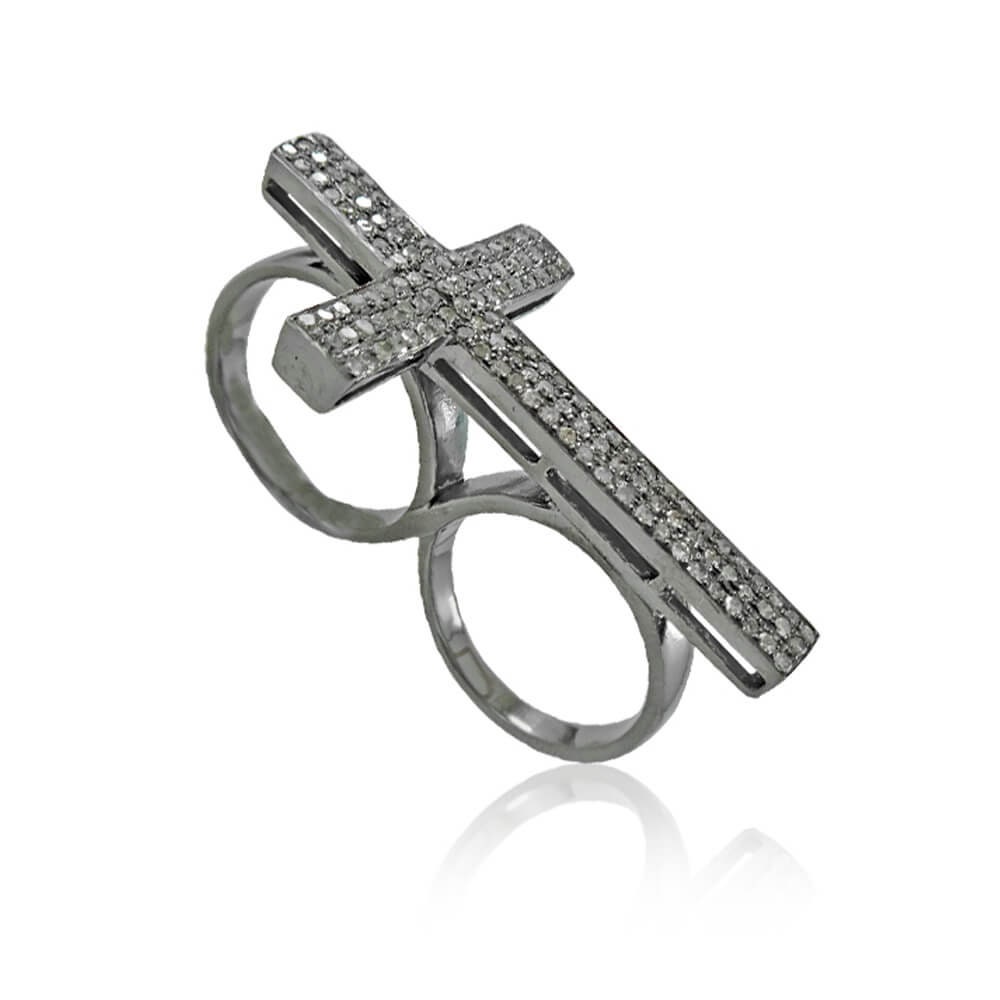 925 Sterling Silver Cross Ring, Natural Pave Diamond Double Finger Ring ...