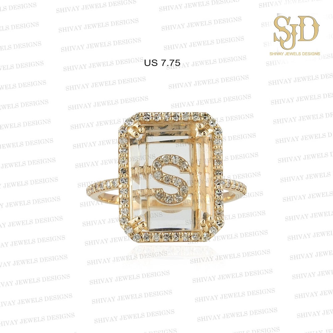 Solid 14K Gold Diamond S Initial Ring, Pave Diamond Initial S Ring ...