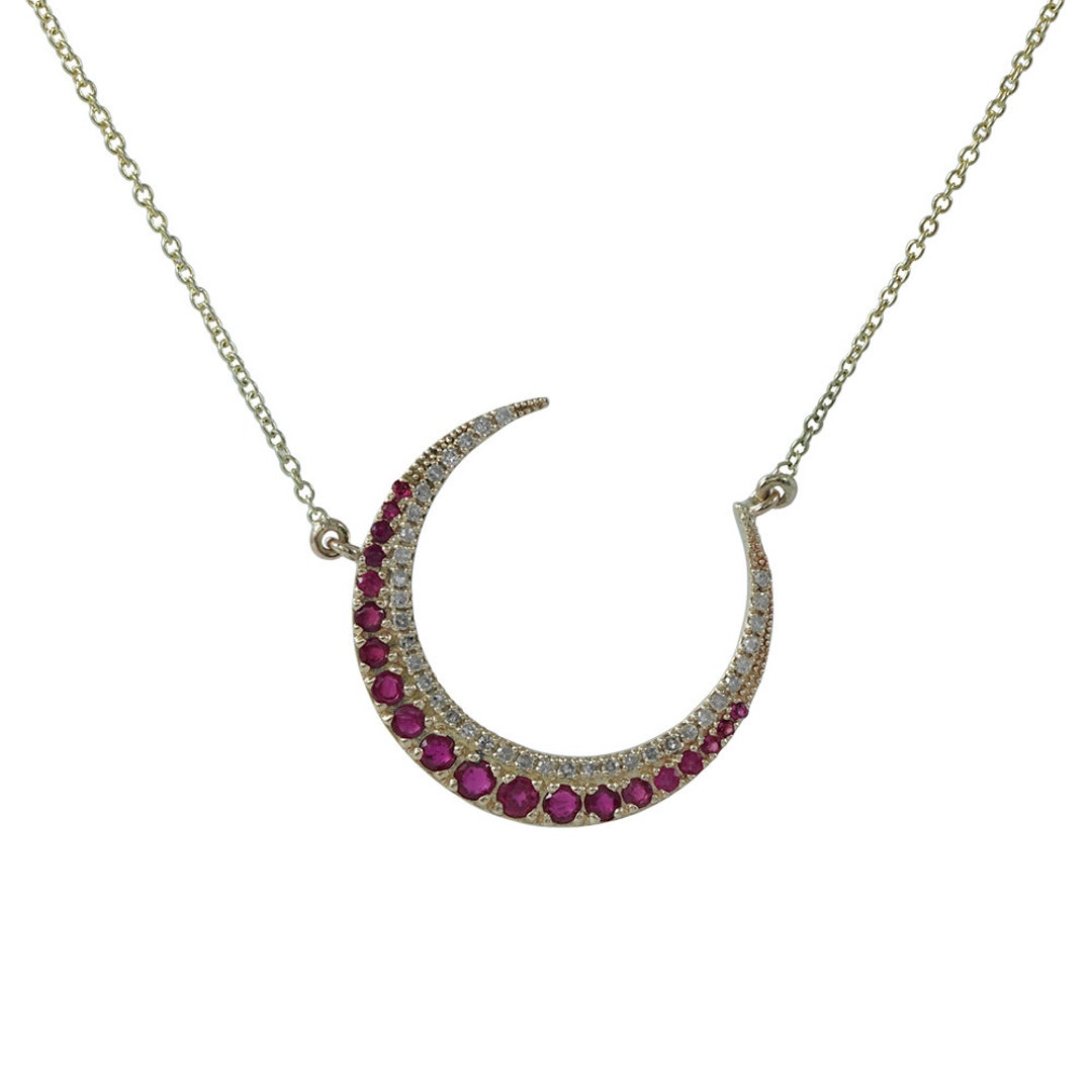 14K Yellow Gold Crescent Moon Pendant Necklace, Natural Ruby & Diamond Half Moon Necklace, Pink ...