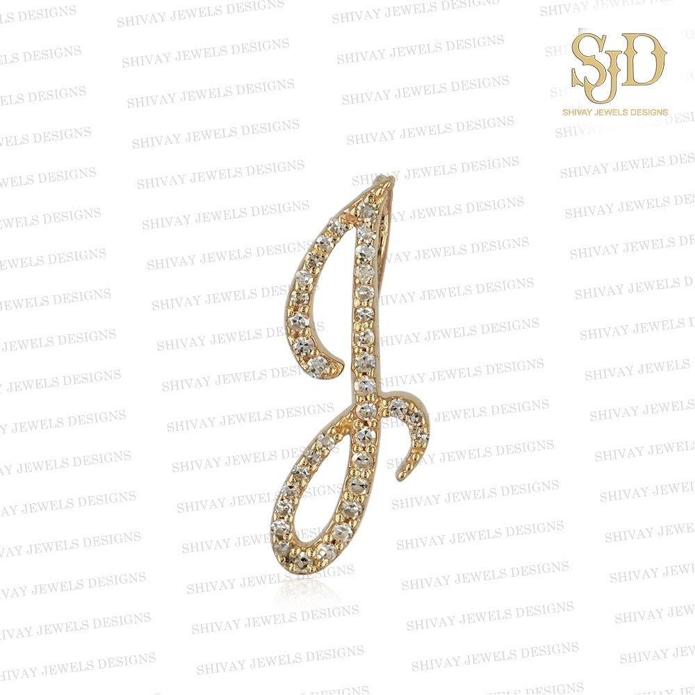 Solid 14K Yellow Gold J Initial Charm, Natural White Diamond Letter ...