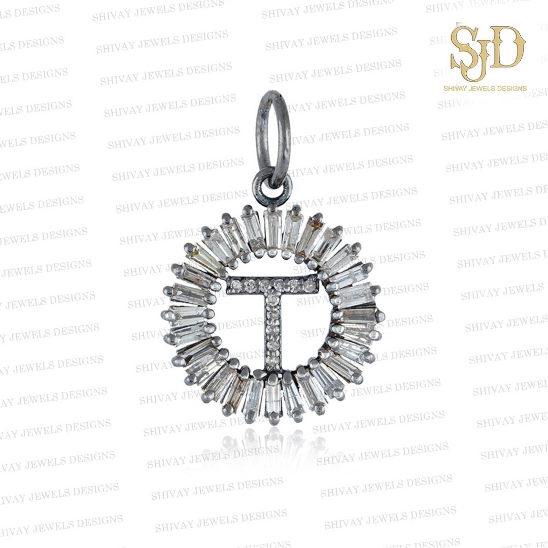 Pave Diamond Initial T Charm Pendant, 925 Sterling Silver Letter T ...