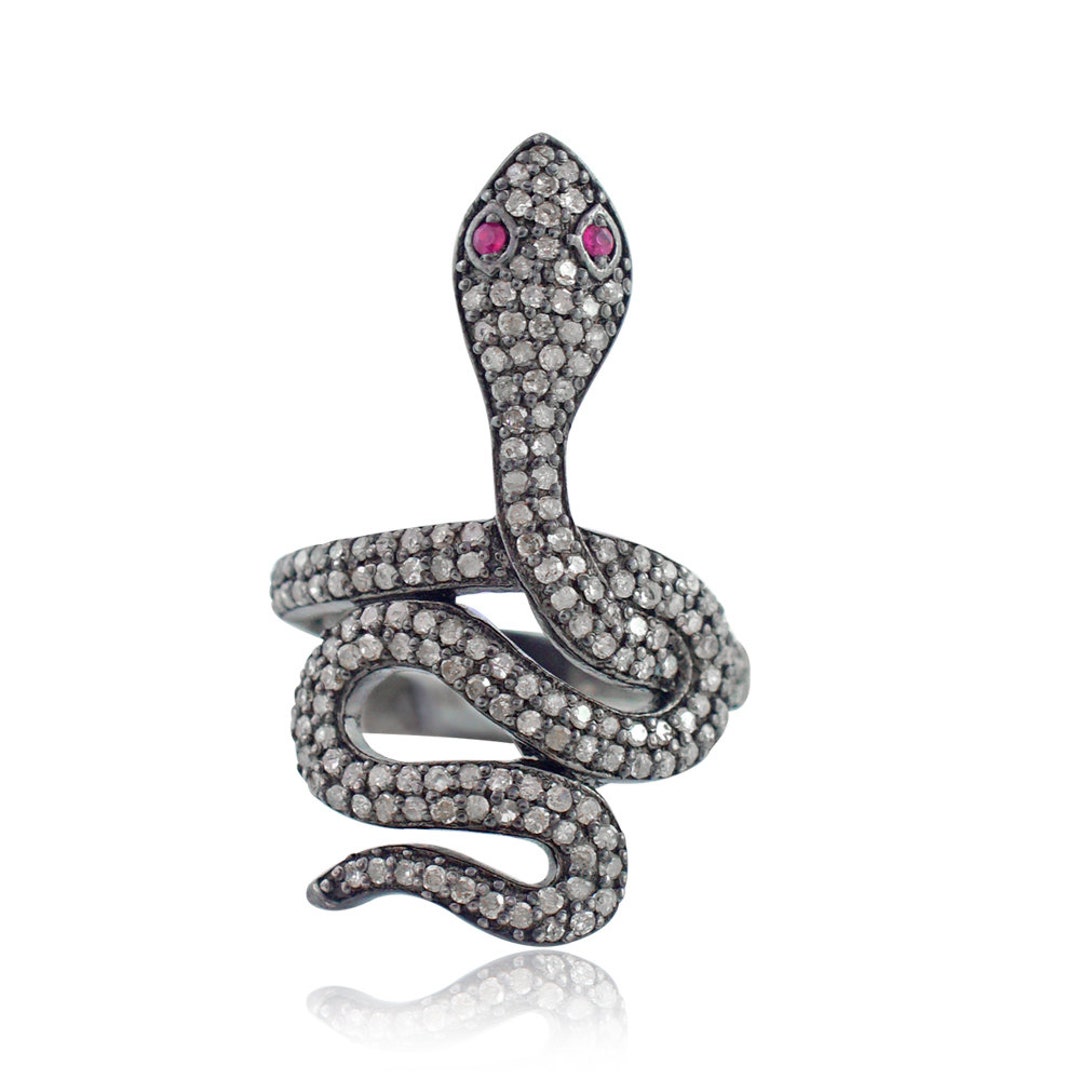 925 Sterling Silver Snake Ring, Pave Diamond Snake Ring, Ruby Eye Ring ...