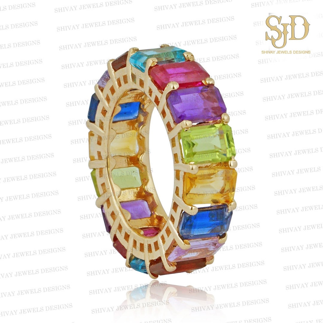 Solid 14K Yellow Gold Eternity Band Ring Multi Gemstone Gold Band Ring ...