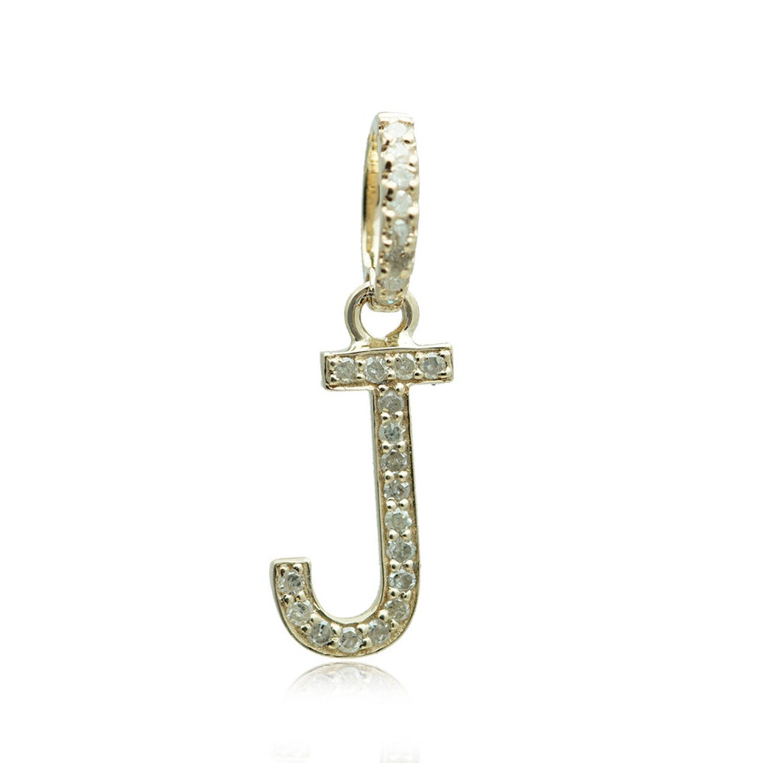 Solid 14K Yellow Gold J Initial Letter Pendant, Pave Diamond Initial ...