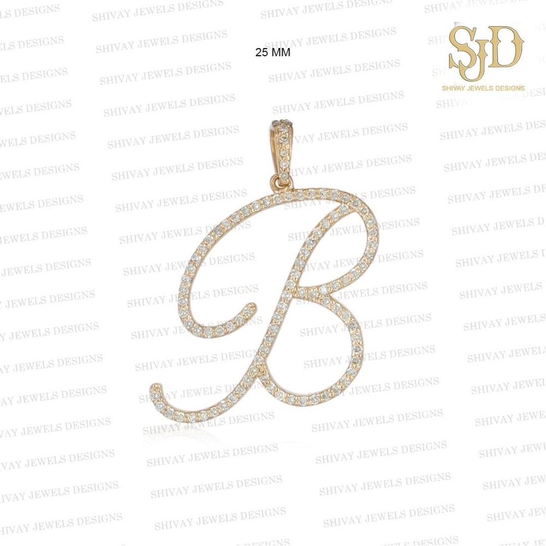 Solid 14K Gold B Initial Letter Pendant, Pave Diamond Big B Initial ...