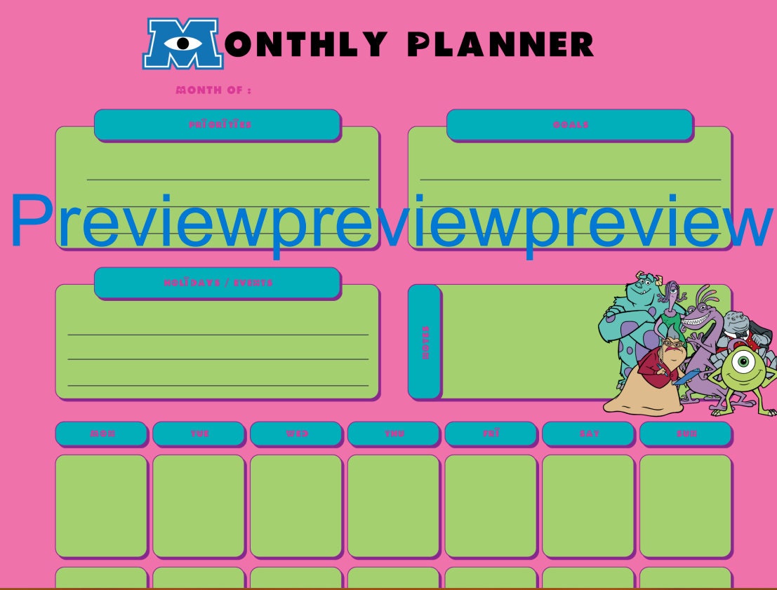 Monsters Inc Monthly Planner Page - Etsy