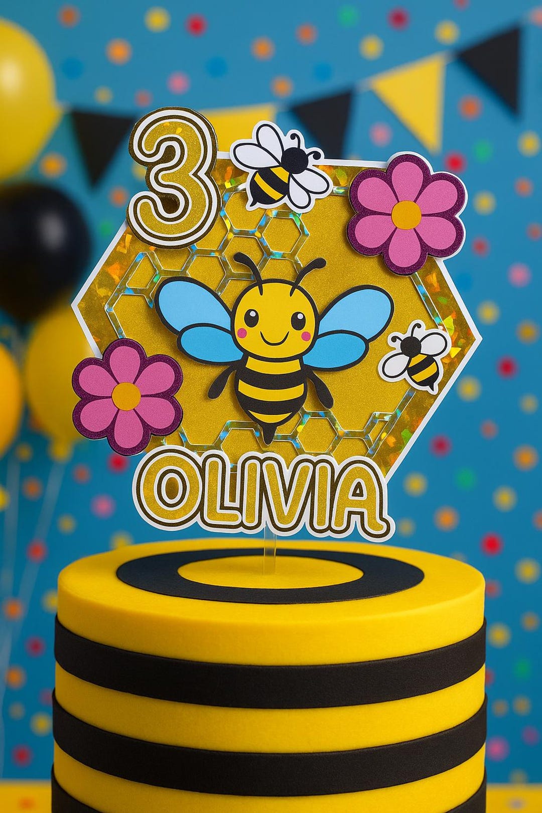 Bee Birthday Cake Topper: Custom Name, Glitter Bumble Bee Party - Etsy