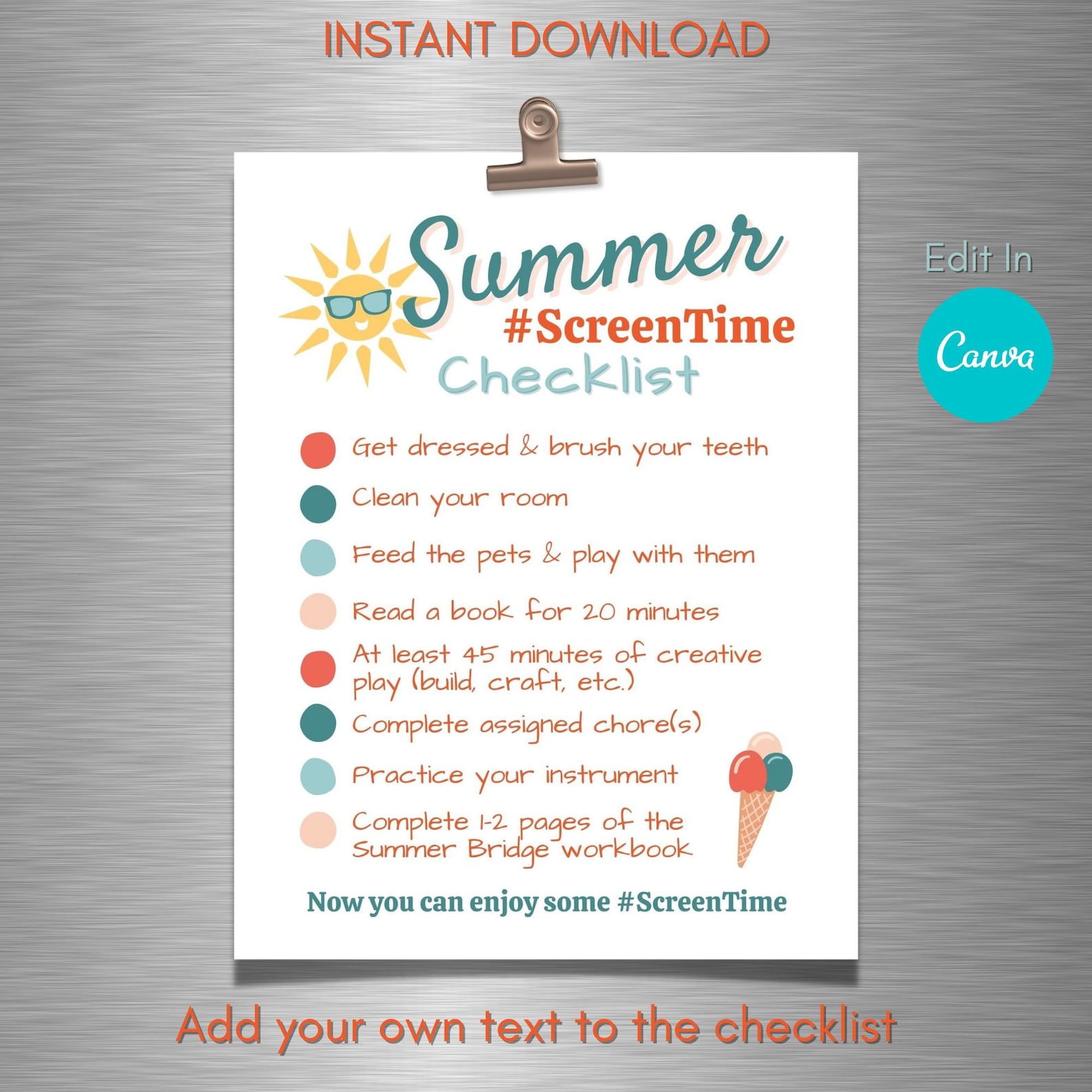 Summer Screen Time Checklist Instant Download | Edit in Canva to ...