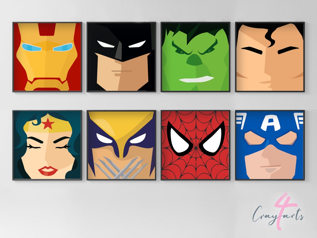 Kids Minimal Superhero Square Digital Print Art Set, Superhero Decor ...